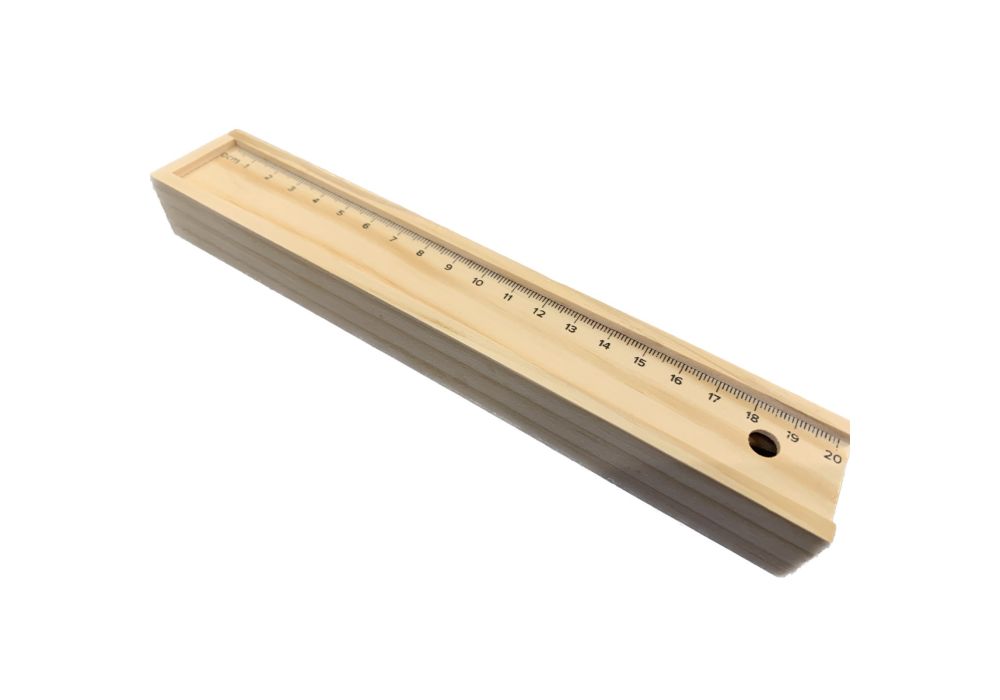 Wooden Sliding Lid Rectangular Pencil Box with Ruler Coloured Pencils The Wooden Box Mill